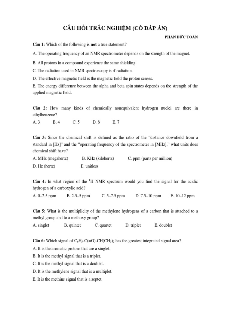 NMR Spectroscopy Multiple Choice Quiz | PDF | Proton Nuclear Magnetic Resonance | Nuclear ...