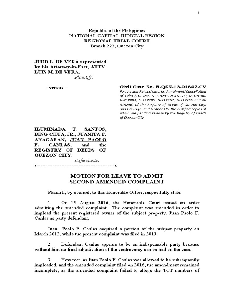 Motion to Amend Complaint Seeking to Add Details Regarding Newly Impleaded Defendant | PDF ...