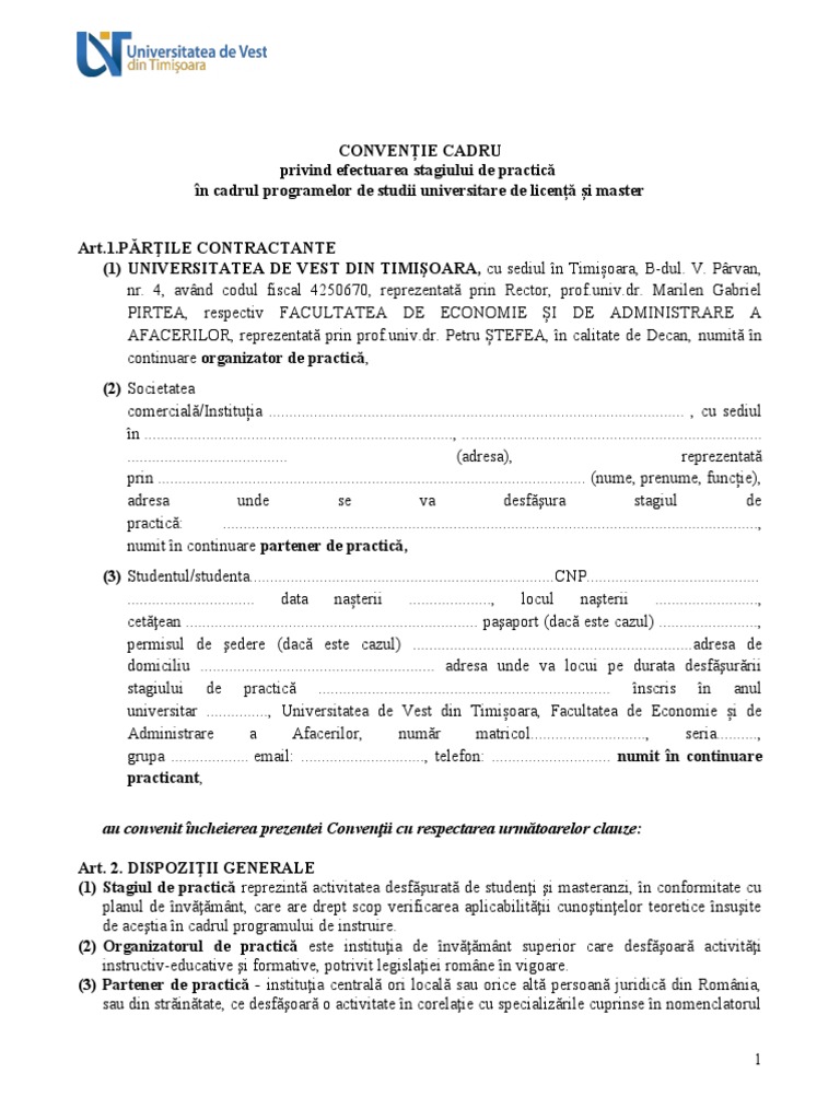 Anexa 1 Conventie Practica Specialitate UVT FEAA | PDF