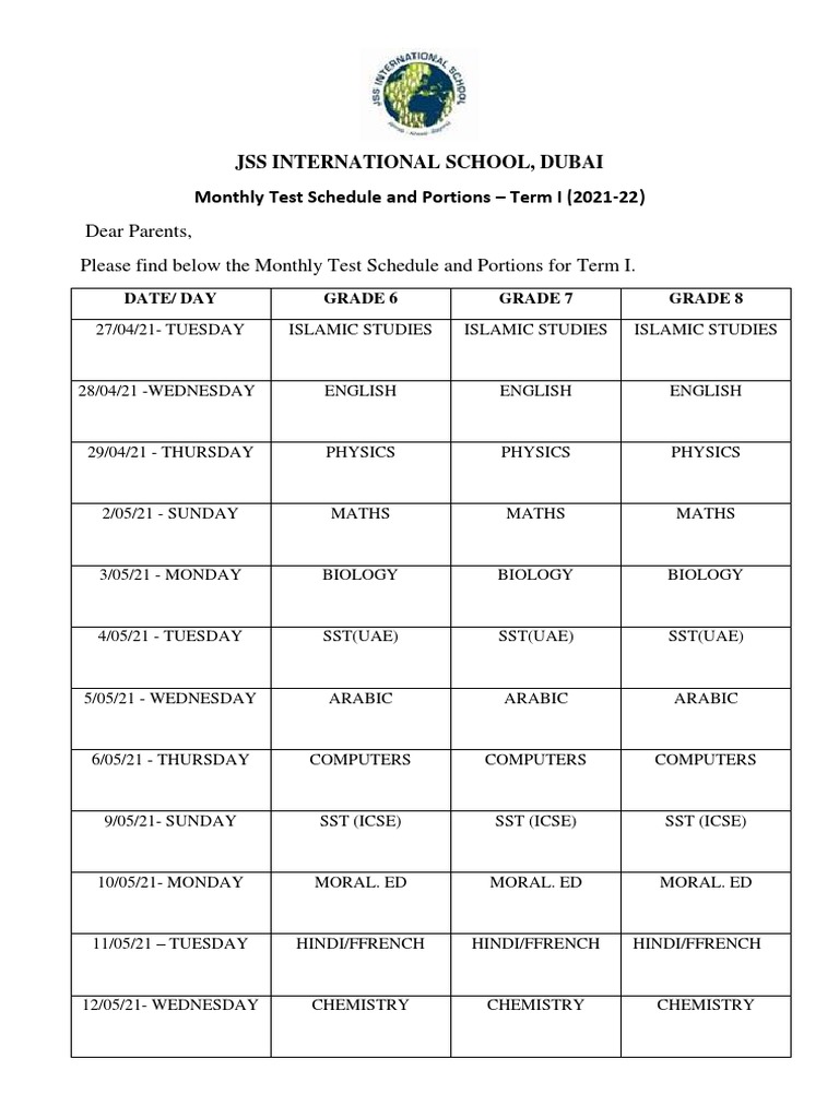 Monthly Test Schedule Term I 2021-22 | PDF | Linguistics | Science