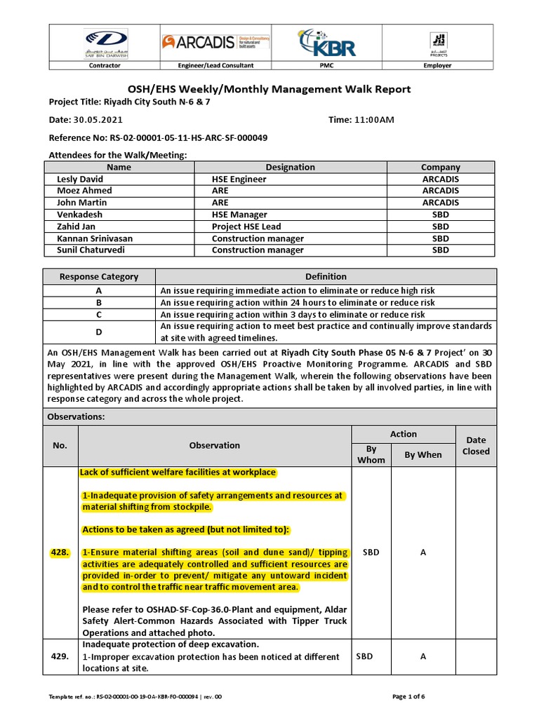 OSH/EHS Weekly/Monthly Management Walk Report: Moez Ahmed John Martin ...