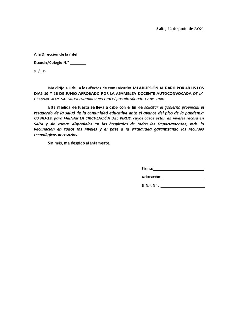 Nota Adhesión Al Paro 48 HS | PDF