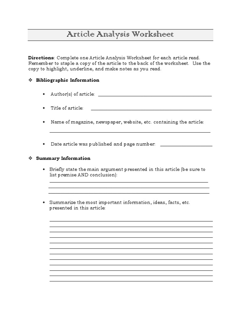 Article Analysis Worksheet Guide | PDF | Argument