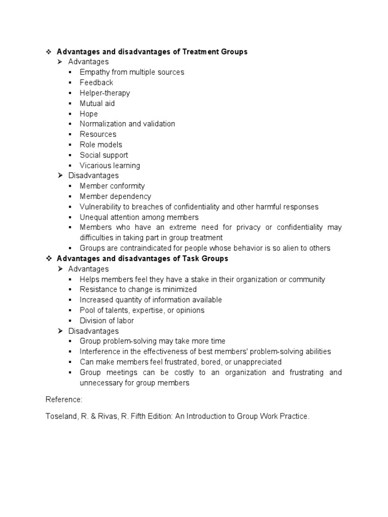 Advantages and Disadvantages of Treatment and Task Groups Used in ...
