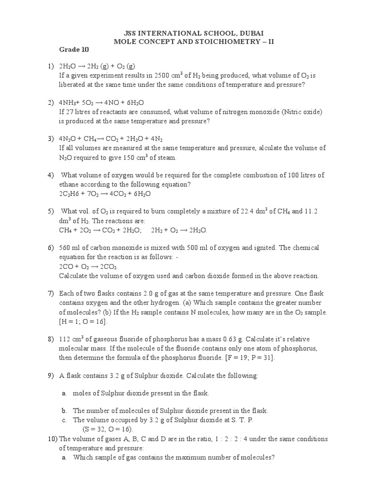Mole Concept and Stoichiometry Exercises | PDF | Gases | Mole (Unit)