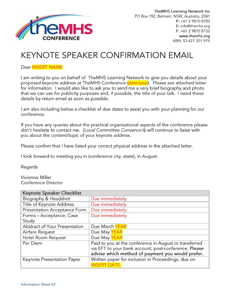INFORMATION SHEET K2 Keynote Speaker Confirmation Email | PDF