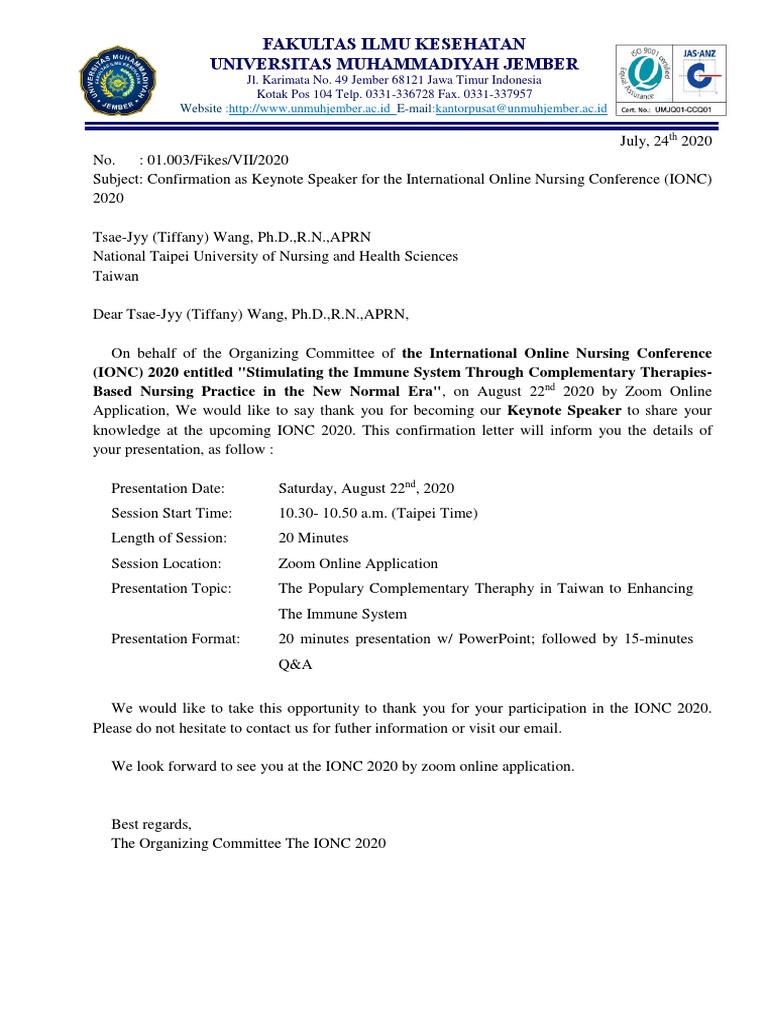 Speaker Confirmation Letter Celebrating The International Day Of Peace