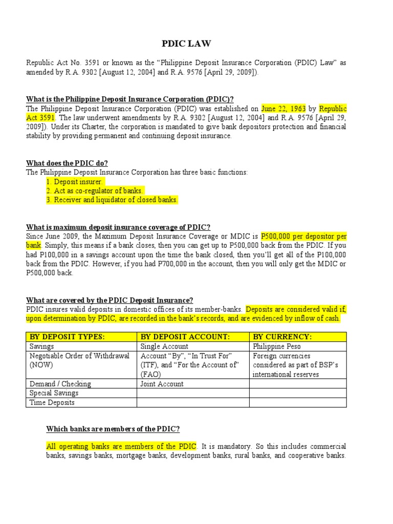 Pdic Law | PDF | Deposit Insurance | Deposit Account