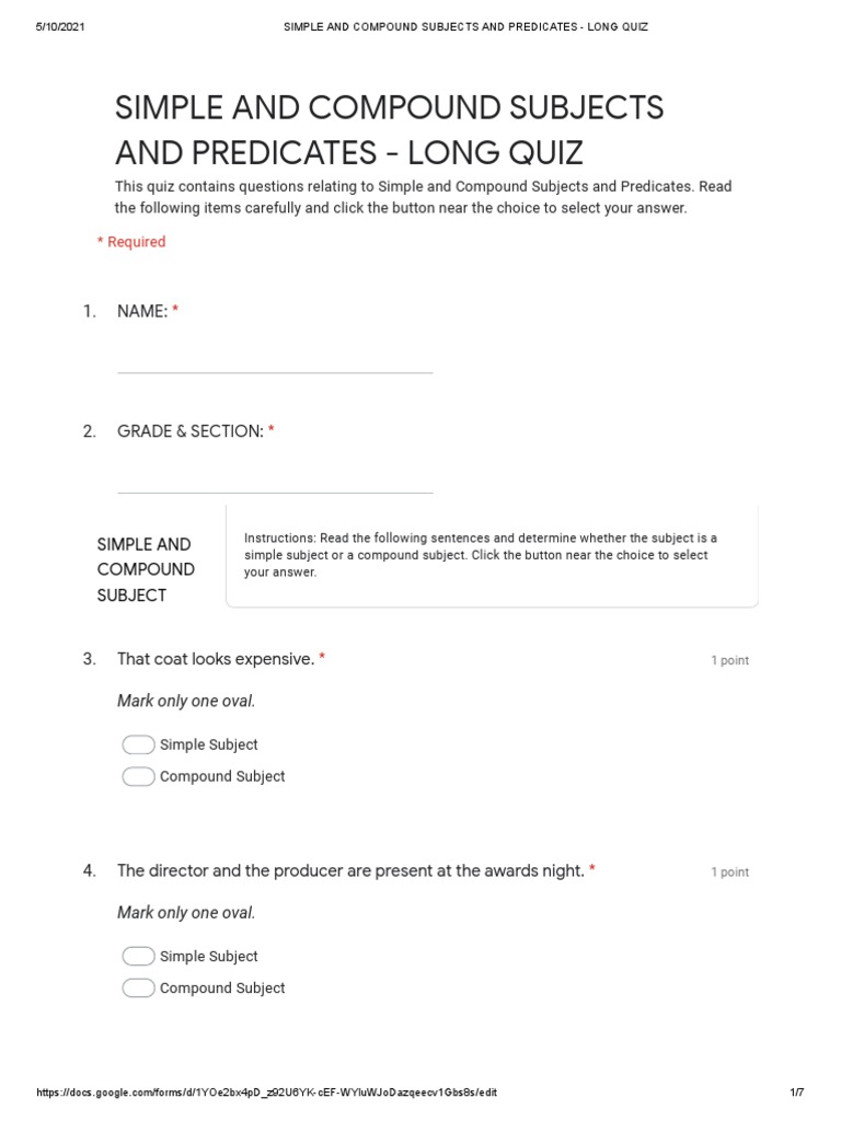 Simple and Compound Subjects and Predicates - Long Quiz: 1. Name | PDF ...