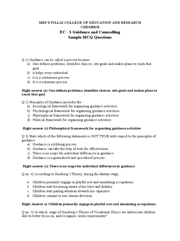 EC - 3 Guidance and Counselling Sample MCQ Questions | PDF ...