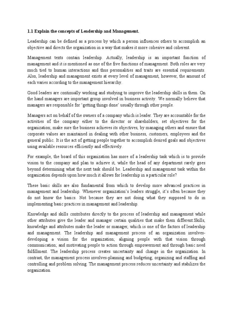 1.1 Explain The Concepts of Leadership and Management | PDF ...