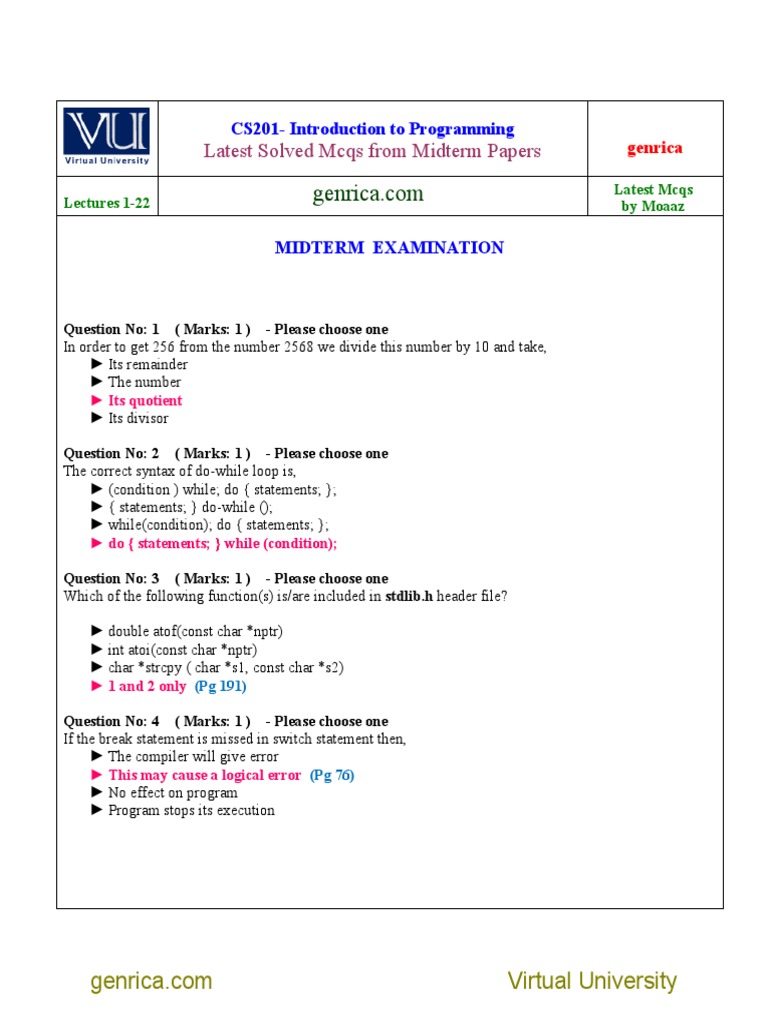 CS201 Midterm MCQs for Students | PDF | Pointer (Computer Programming) | Array Data Type