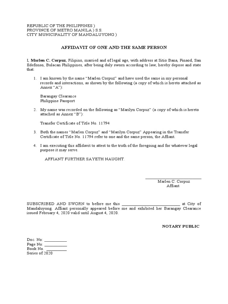 Affidavit of One and The Same Person | PDF | Affidavit | Legal Procedure