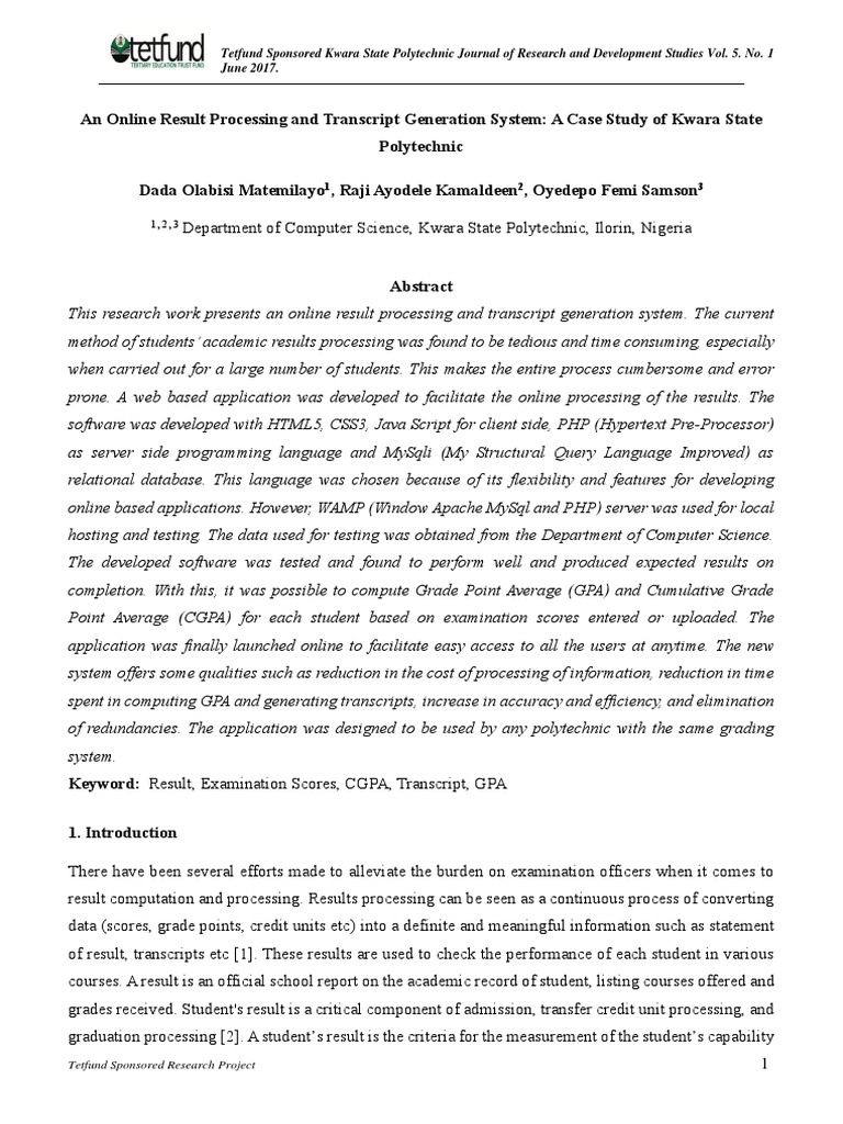 An Online Result Processing and Transcript Generation System: A Case Study of Kwara State ...