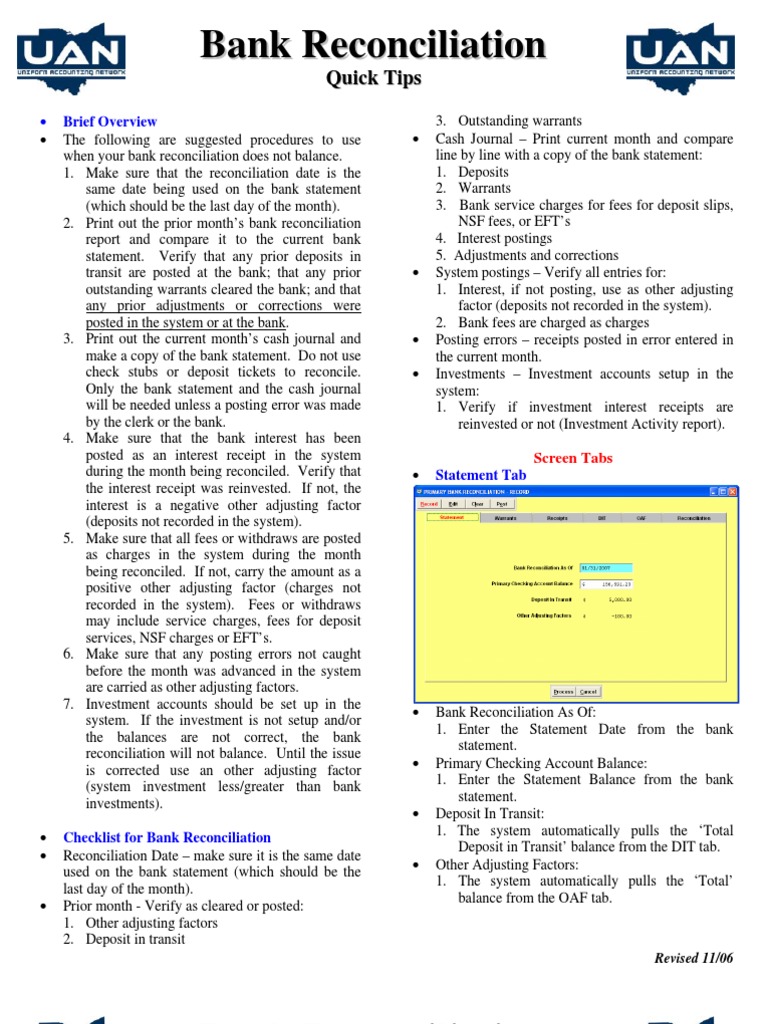 Bank Reconciliation Quick Tips Guide | PDF | Transaction Account | Banks