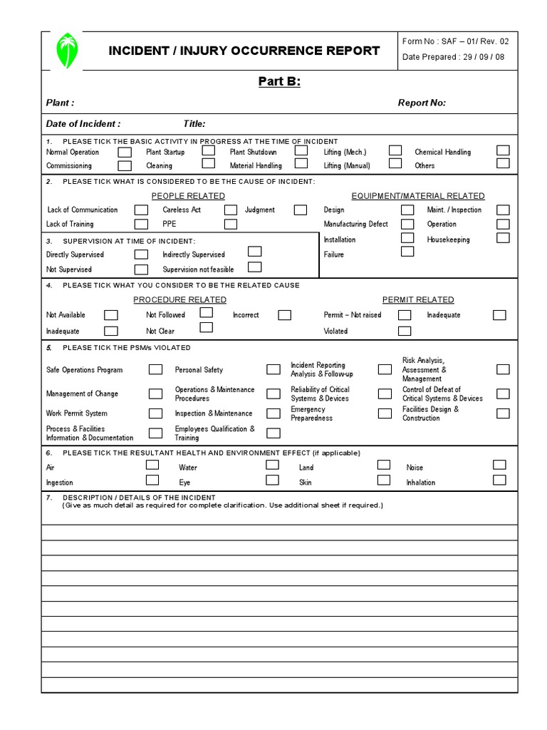 Incident / Injury Occurrence Report Part B | PDF | Reliability ...