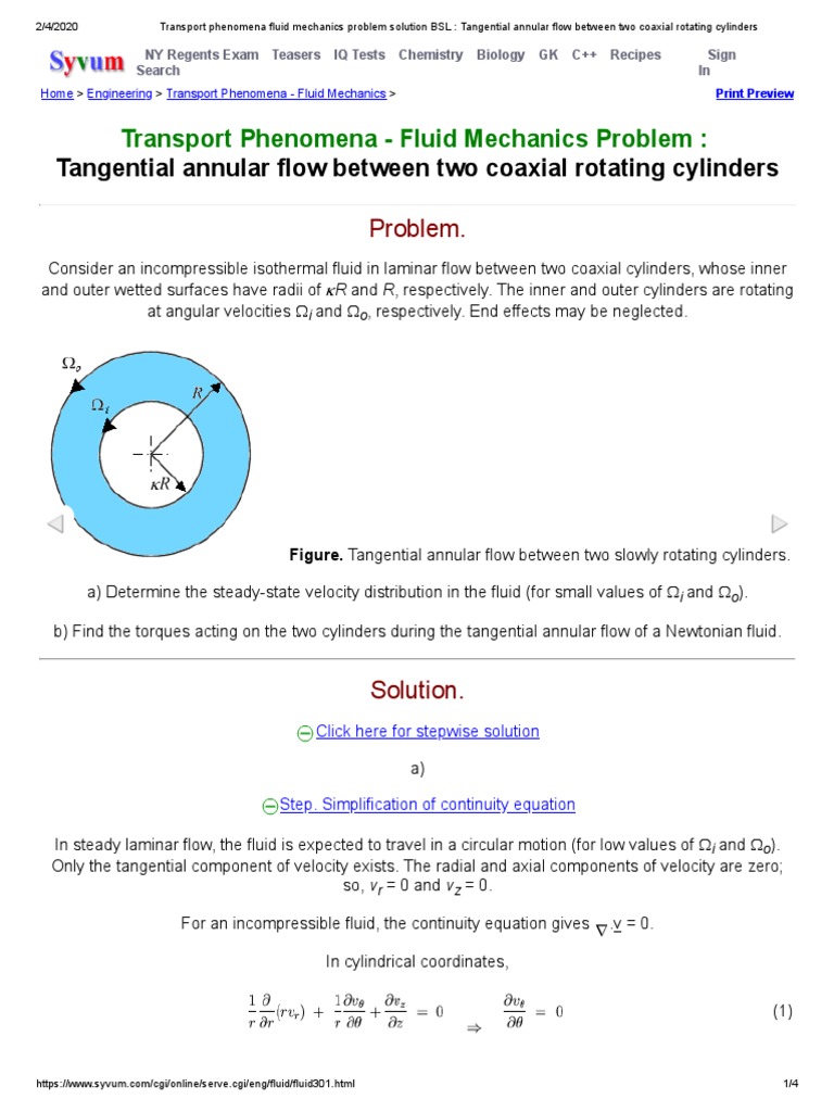 Transport Phenomena - Fluid Mechanics Problem:: Tangential Annular Flow ...
