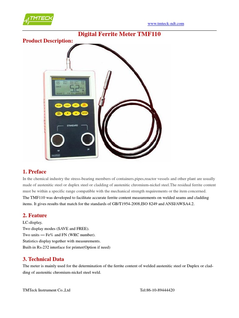 Digital Ferrite Meter TMF110: Product Description | PDF