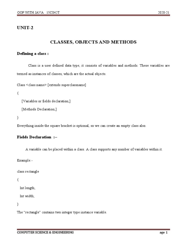 Unit 2 Classes Objects And Methods Pdf Method Computer Programming Inheritance Object