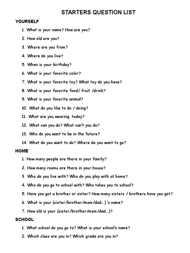 Starters Question List | PDF