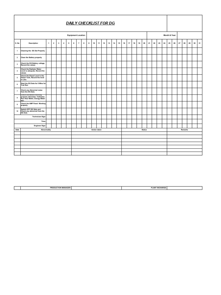 Daily Checklist For DG | PDF