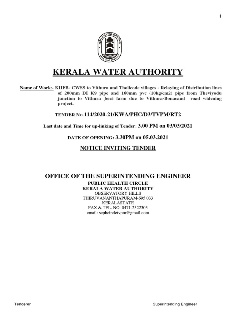 Kerala Water Authority: Office of The Superintending Engineer | PDF ...