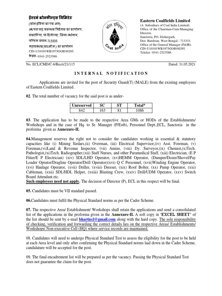 ECL Security Guard Recruitment 2021 | PDF | Coal | Coal Mining