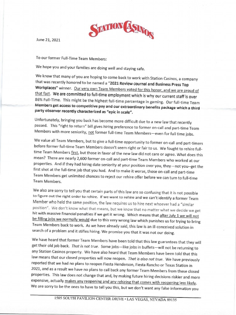 Station Casinos 'Right To Return' Letter | PDF