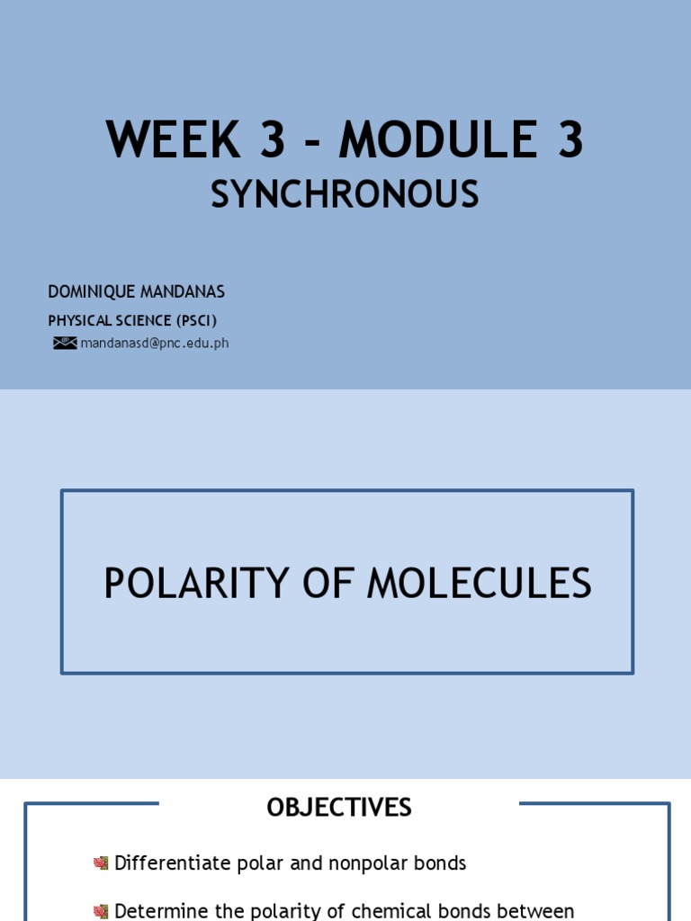 Week 3 - Module 3 (Synchronous) | PDF | Chemical Polarity | Chemical Bond