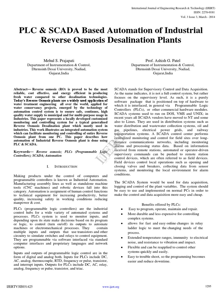 PLC Scada Based Automation of Industrial Reverse Osmosis Desalination ...