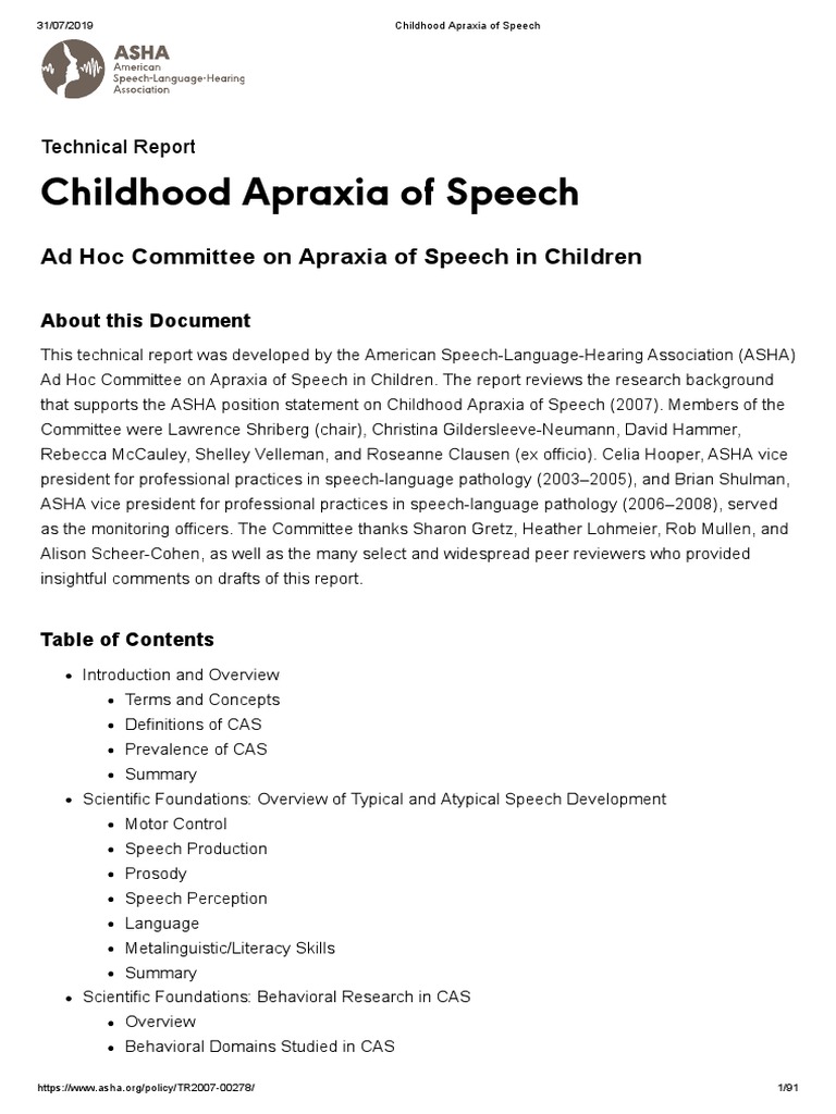 ASHA Thecnical Report - Childhood Apraxia of Speech | PDF | Stress ...