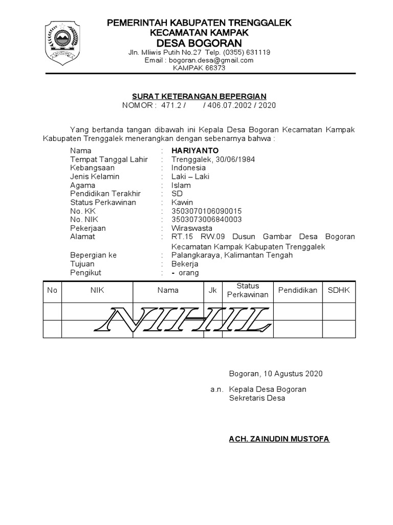 Surat Keterangan Bepergian Desa Bogoran | PDF