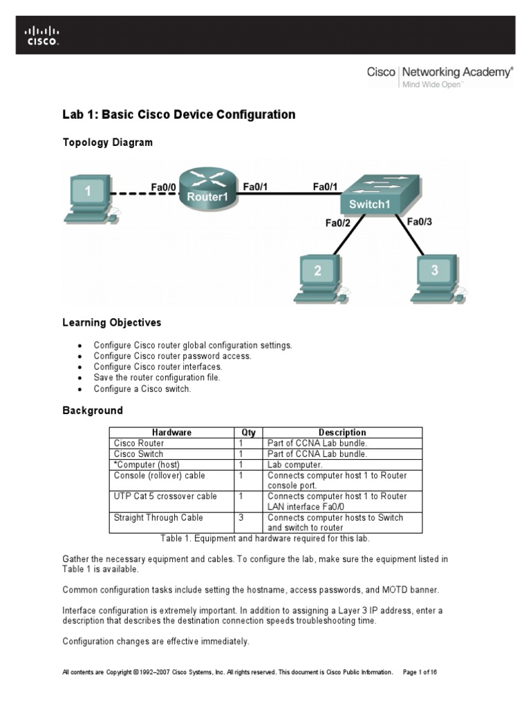 Lab 1: Basic Cisco Device Configuration: Topology Diagram | PDF | Cisco Certifications | Router ...
