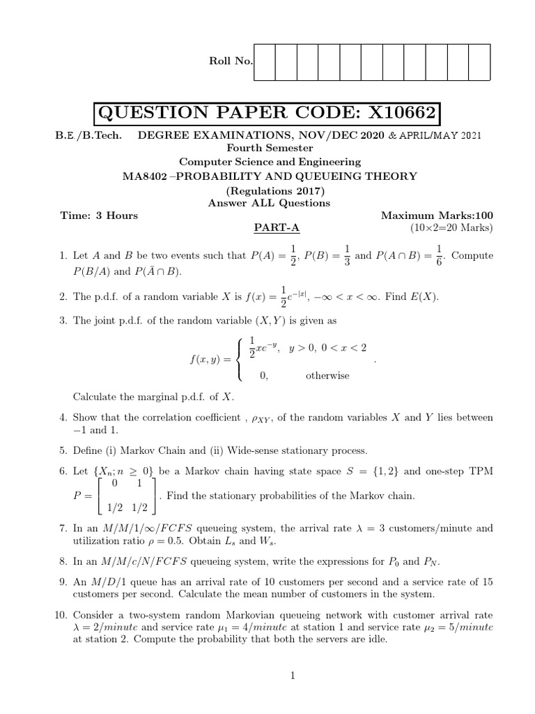 Question Paper Code: X10662: Roll No | PDF | Probability Density Function | Markov Chain