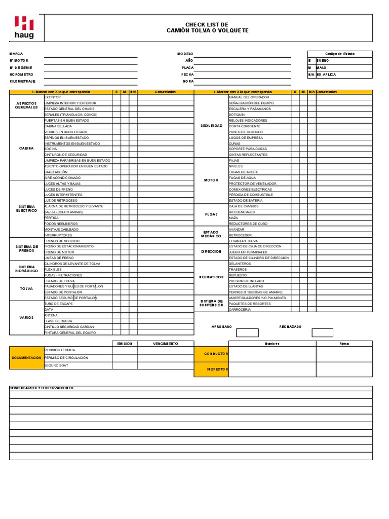 Check List para Volquetes y Camiones | PDF | Estilos de carrocería ...