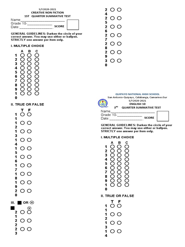 Creative Non-Fiction Summative Test | PDF | Multiple Choice | Schools