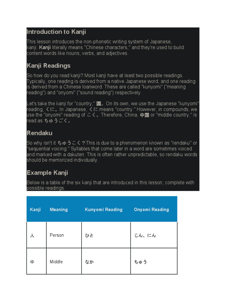 Introduction To Kanji: Kanji Meaning Kunyomi Reading Onyomi Reading ...