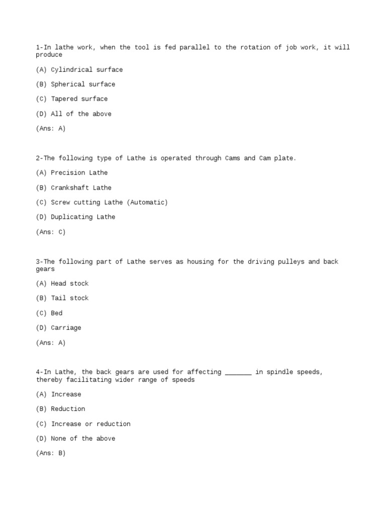 Lathe Machine MCQ and Answers Guide | PDF | Teaching Methods ...