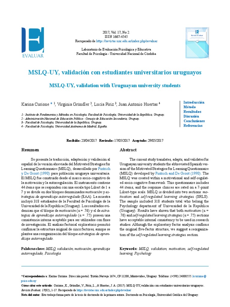 Validación del MSLQ en Uruguay | PDF | Validez (Estadísticas ...