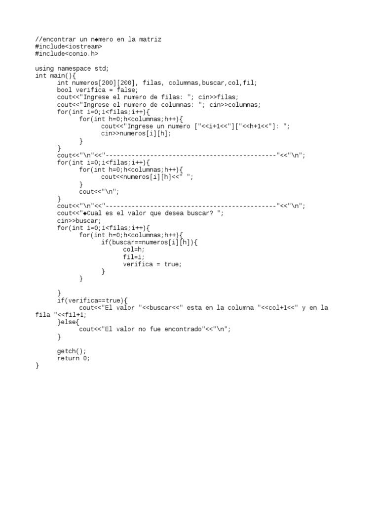 Encontrar Un Numero en La Matriz C++ | PDF