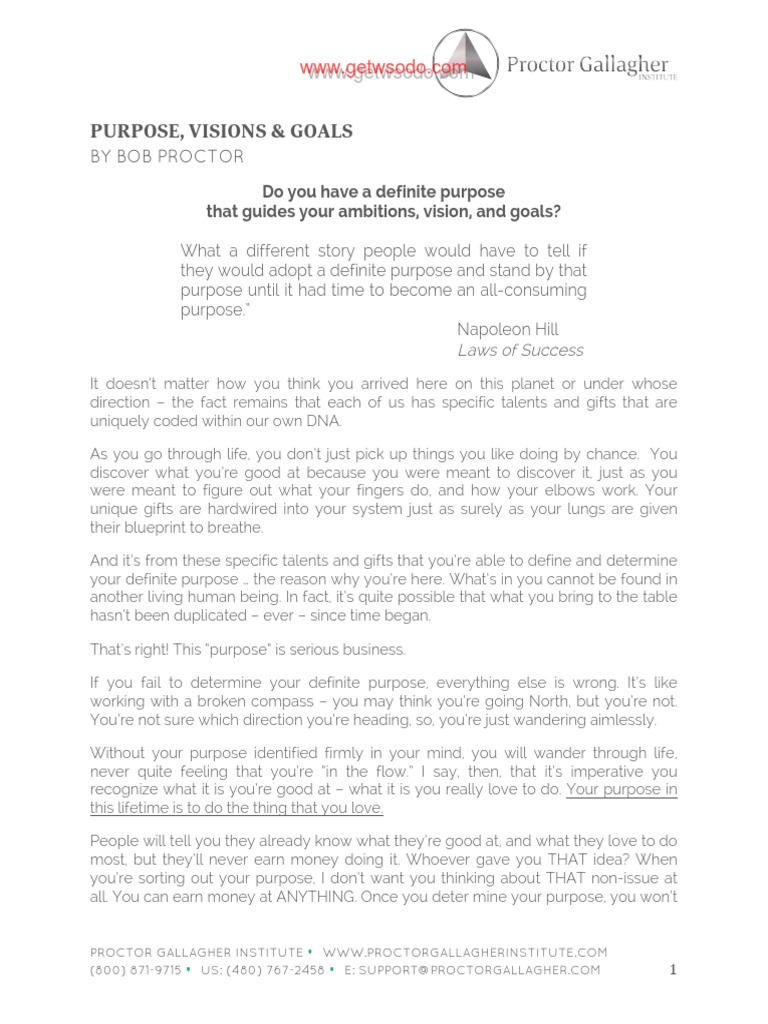 Purpose Vision Goals by Bob Proctor | PDF | Greed | Intuition