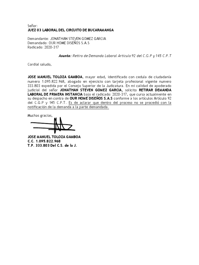 Memorial Retiro de Demanda Laboral | PDF