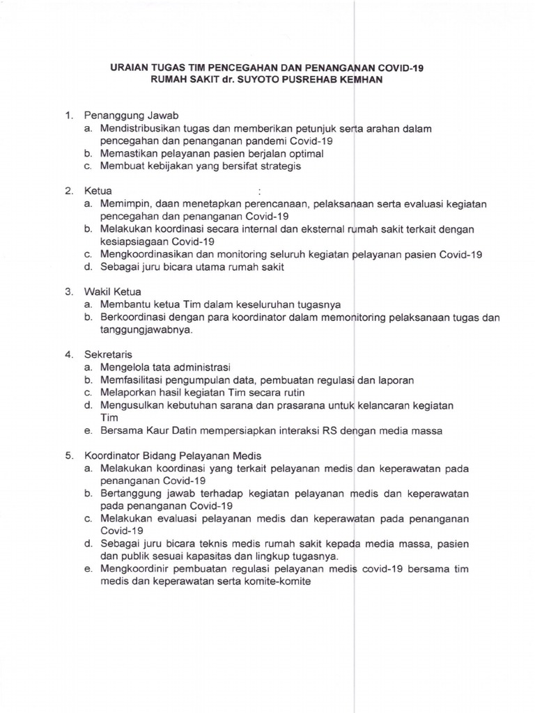 Uraian Tugas Tim Pencegahan Dan Penanganan Covid-19 Rs Dr. Suyoto ...