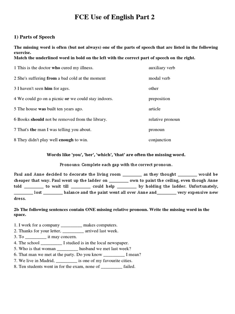FCE Use of English: Exercises and Practice | PDF | Part Of Speech | Verb