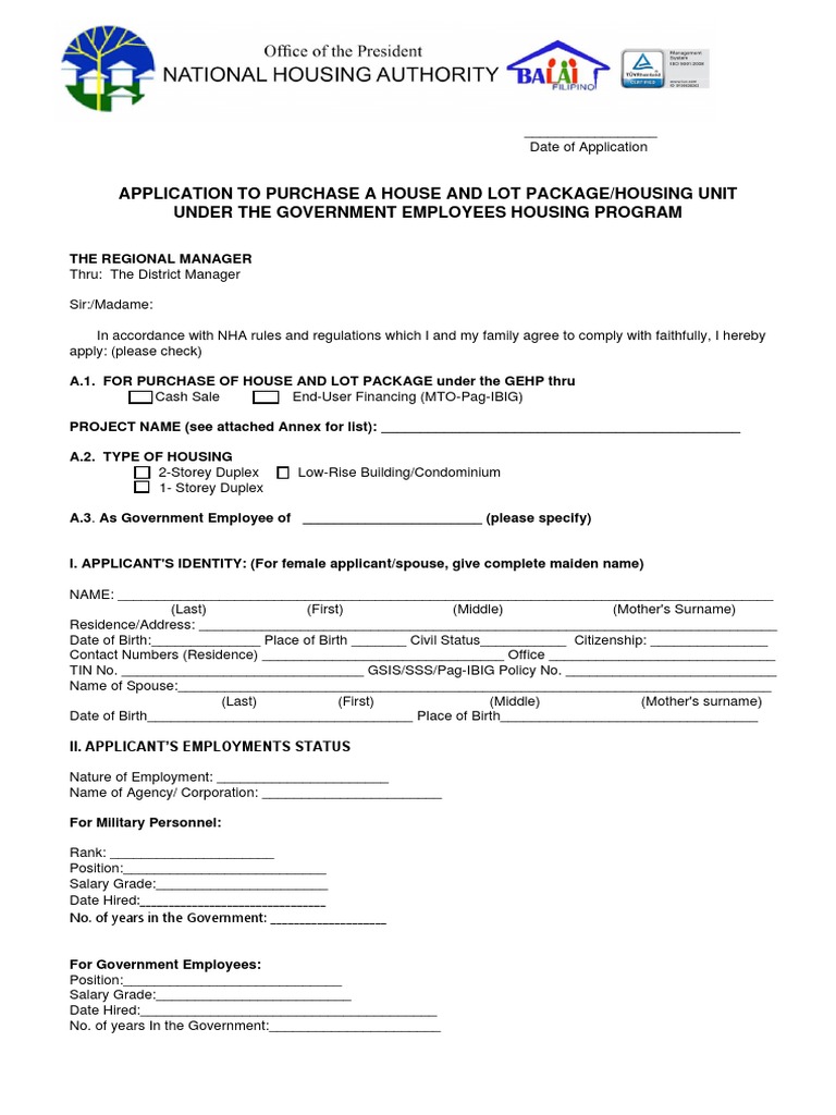 NHA - Application Form GEHP Revised | PDF | Loans | Government