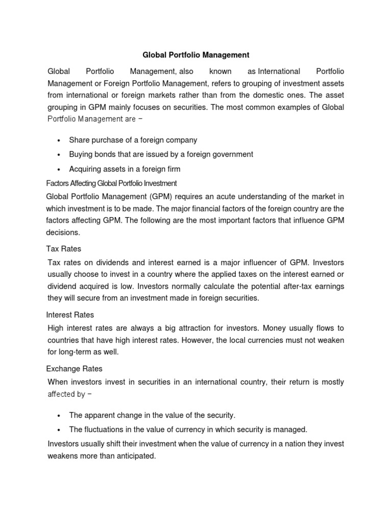 Global Portfolio Management | PDF | Investment Management | Investor