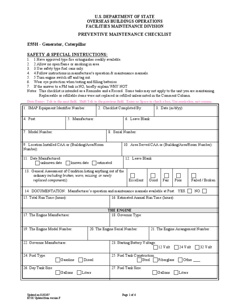 Caterpillar Generator Maintenance Checklist | PDF | Electric Generator ...
