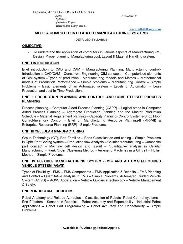 ME8094 Computer Integrated Manufacturing Syllabus | PDF | Automation ...