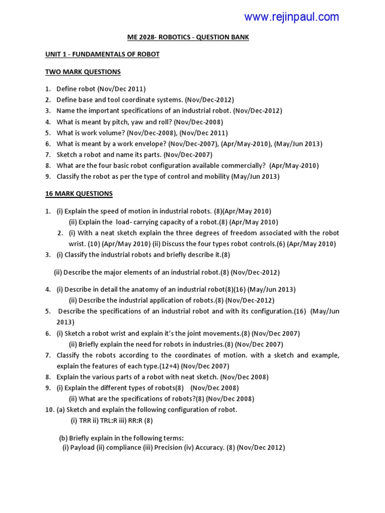 Me 2028-Robotics - Question Bank Unit 1 - Fundamentals of Robot Two Mark Questions | PDF ...