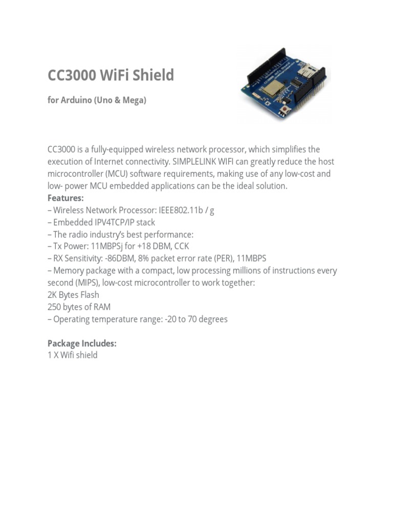 Cc3000 Wifi Shield: For Arduino (Uno & Mega) | PDF